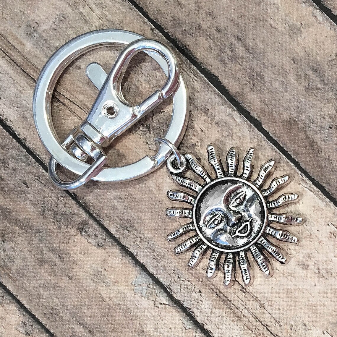 Sun Keychain Silver Sun Charm Key Chain Initial Keyring | Etsy