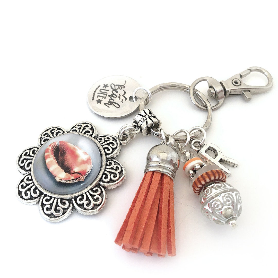 Beach Life Charm Keychain, Seashell Keychain, Initial Keyring ...