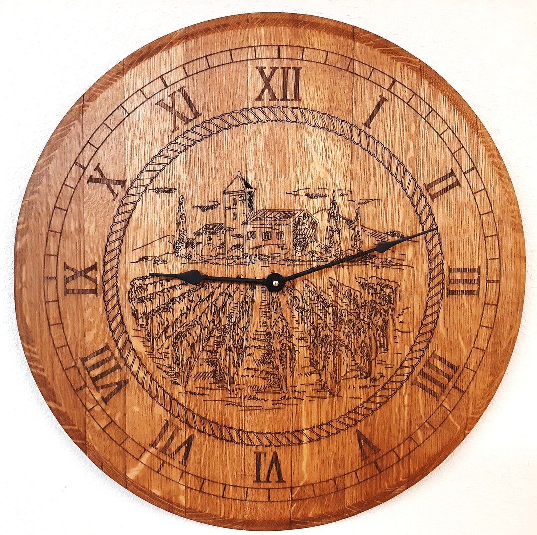 Wine Barrel Head Wall Clock With Winery Logo Laser Engraved by Wine ...