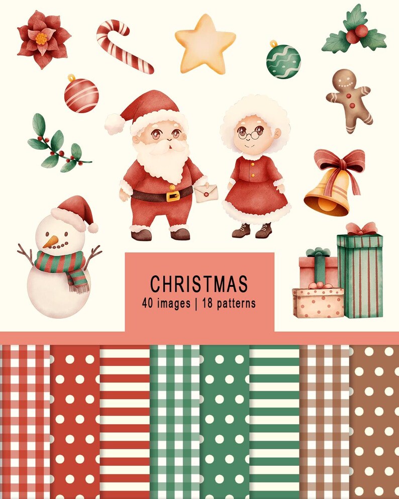 Christmas Clipart, Digital Watercolor Set, Santa & Mrs Claus, Reindeer ...