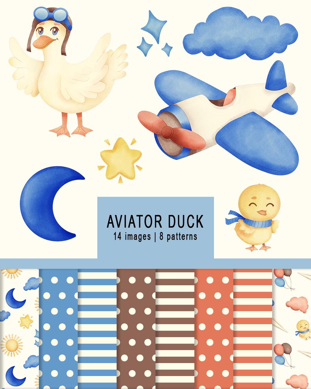 Aviator Duck Clipart, Cute Digital Watercolor Goose and Airplanes ...
