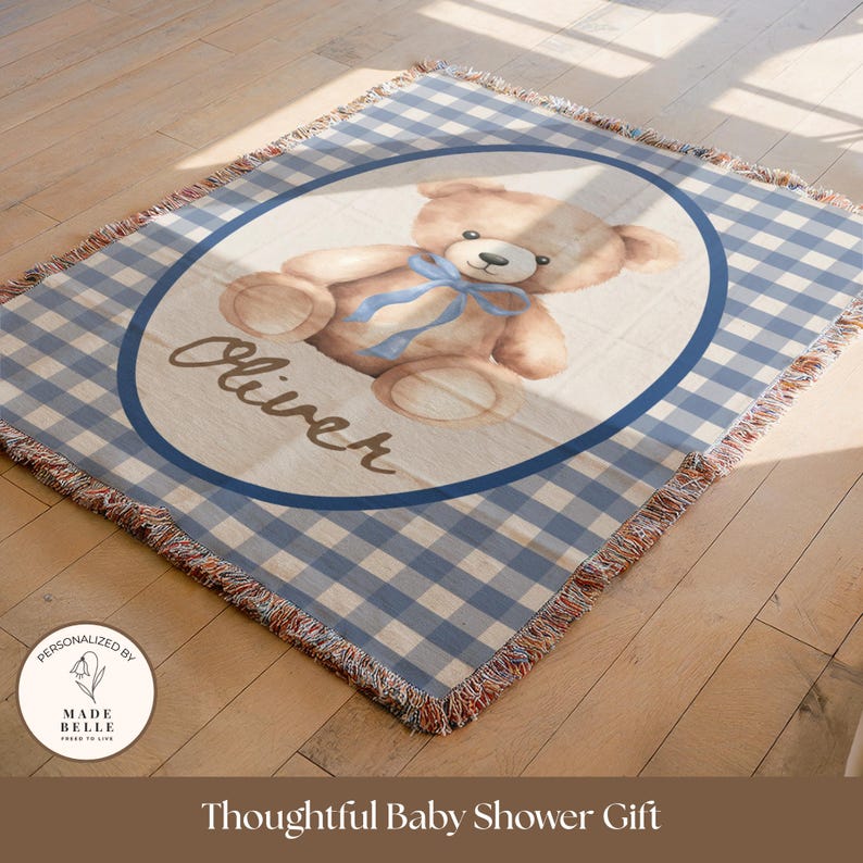 Personalized Teddy Bear Baby Blanket, Blue Gingham Classic Nursery ...