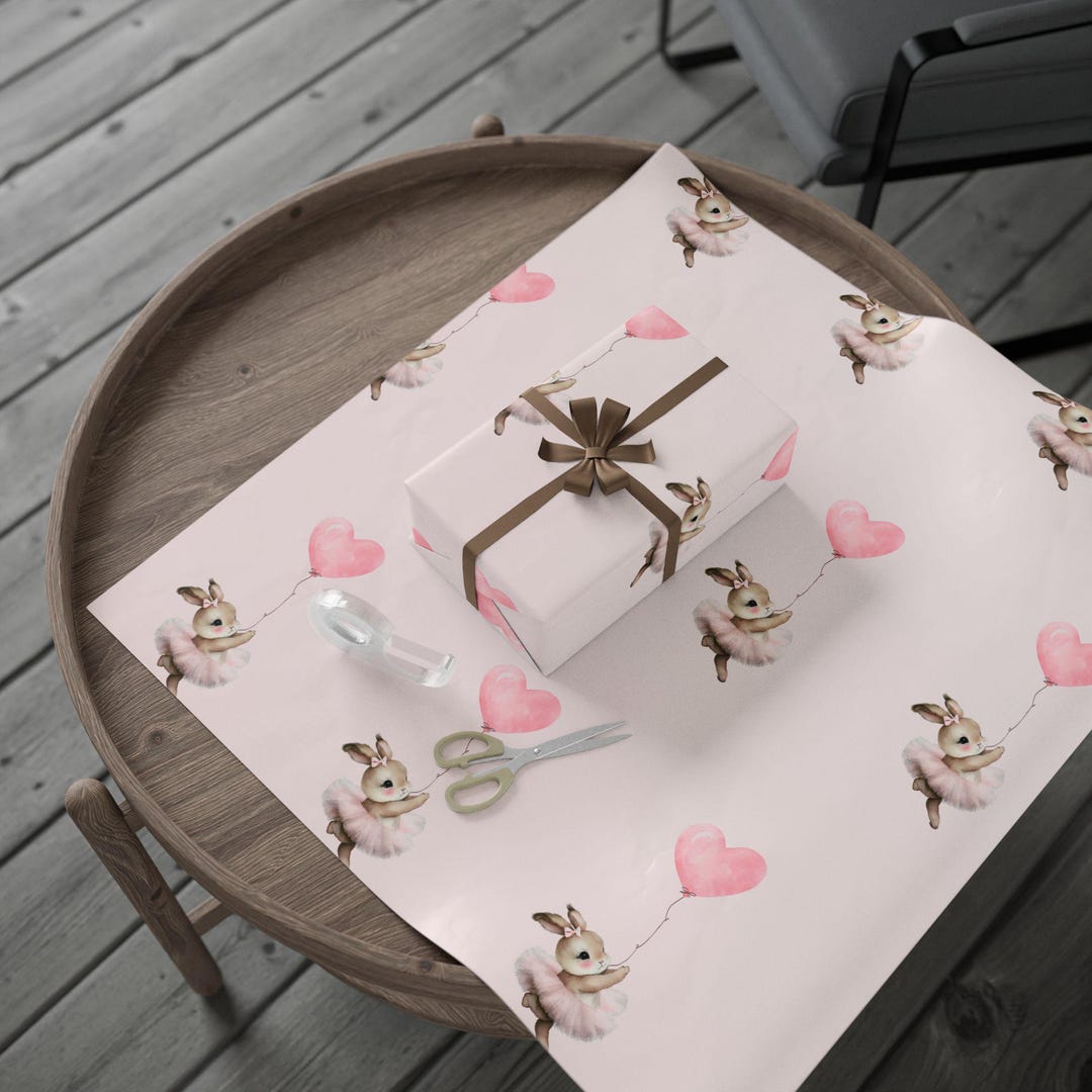 Flying Bunny With Heart Balloon Wrapping Paper | Pink Easter Gift Wrap ...
