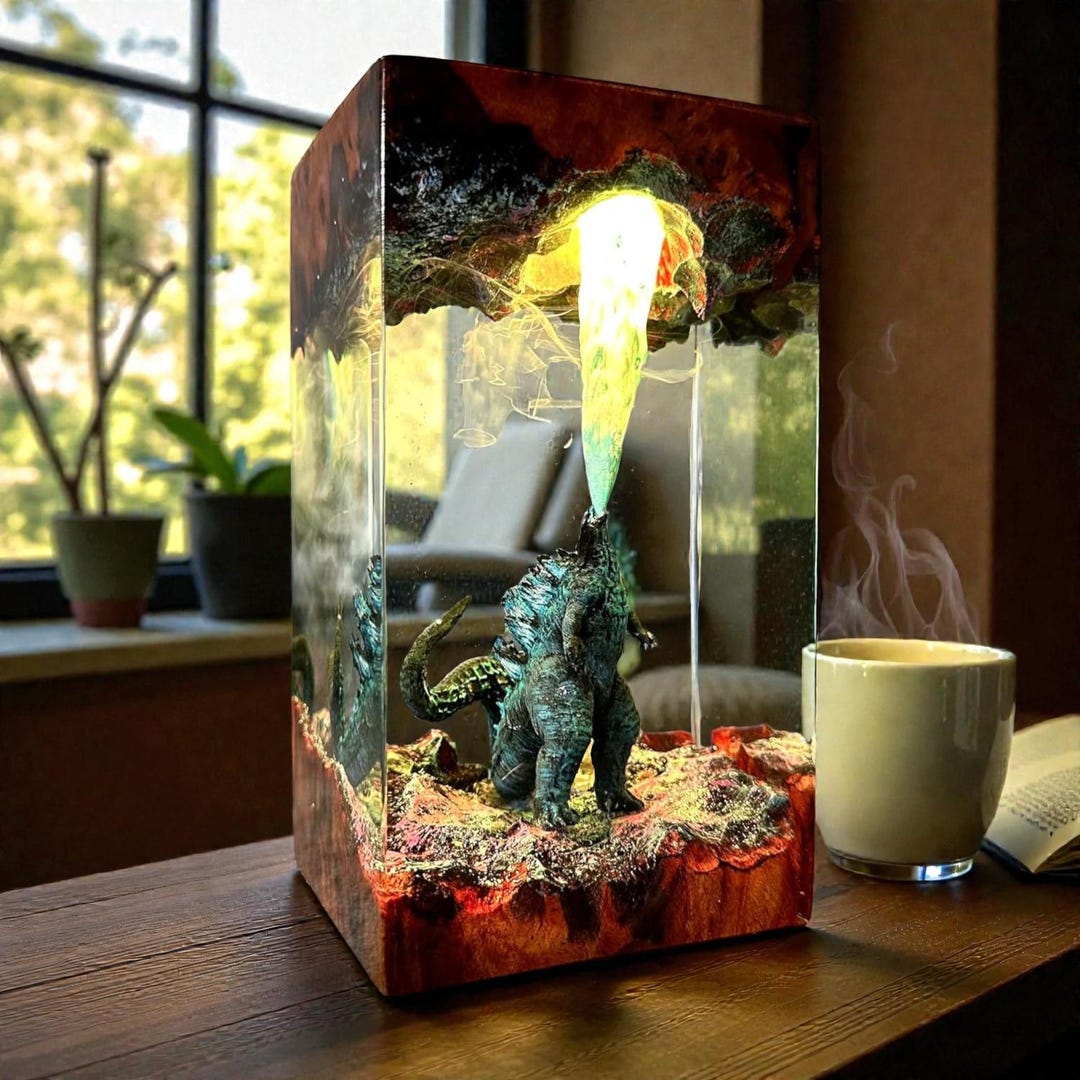 Godzilla Lamp Resin: Atomic Breath Wood Lamp, Light-up Monster Battle ...