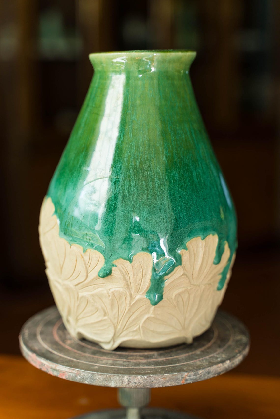 Ginkgo Carved Pottery Vase, Blue and Green Carved Vase - Etsy