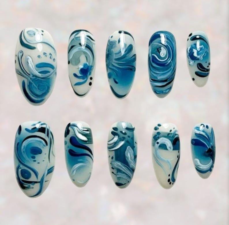 Blue Abstract Press on Nails, Marble Swirl Nail Art, Glossy Ocean Wave ...