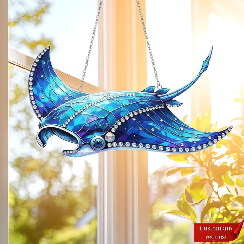 Blue Manta Ray Acrylic Suncatcher, Ocean Animal Window Hanging, Marine ...