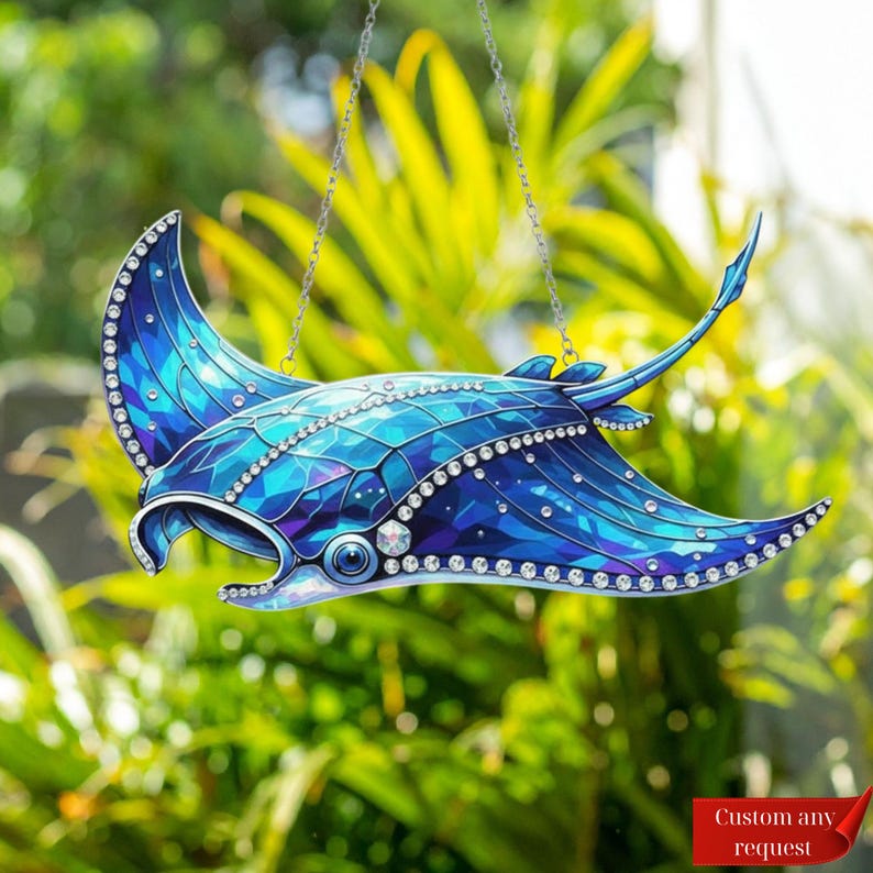 Blue Manta Ray Acrylic Suncatcher, Ocean Animal Window Hanging, Marine ...