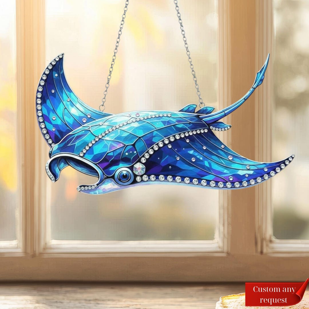 Blue Manta Ray Acrylic Suncatcher, Ocean Animal Window Hanging, Marine ...
