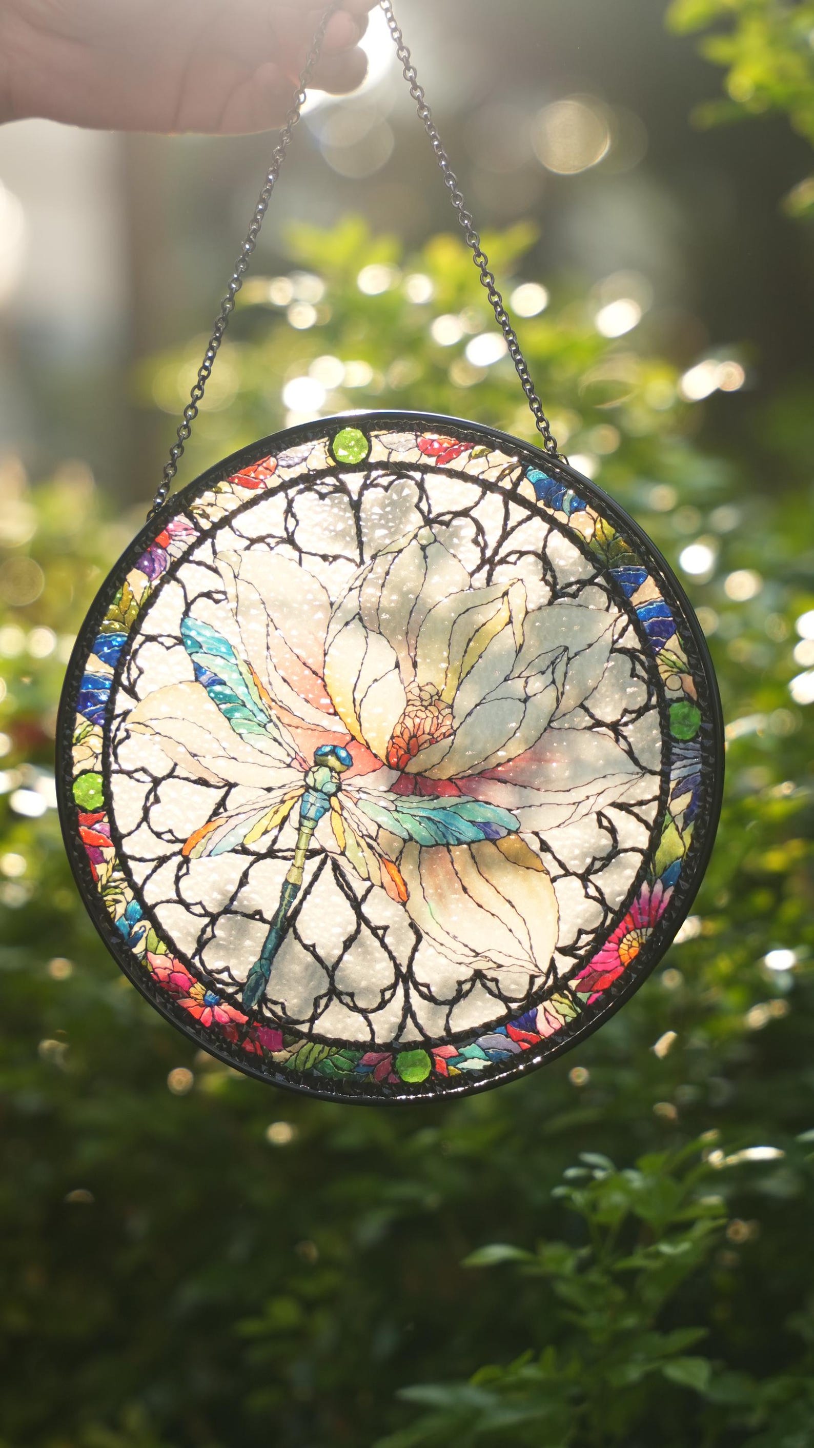 Stained Glass Dragonfly Lotus Suncatcher, Mosaic Flower Window Hanging ...