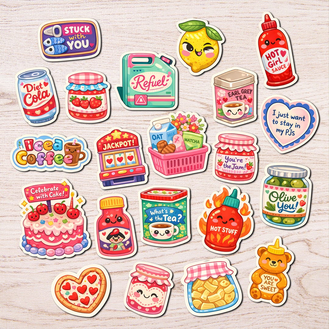 21pcs Cute Food Pun Sticker Pack, Kawaii Aesthetic Decals for Water ...