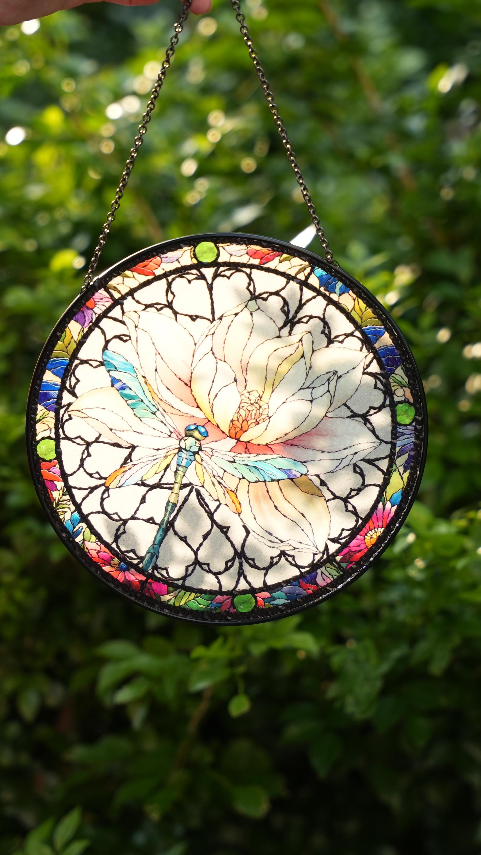 Stained Glass Dragonfly Lotus Suncatcher, Mosaic Flower Window Hanging ...
