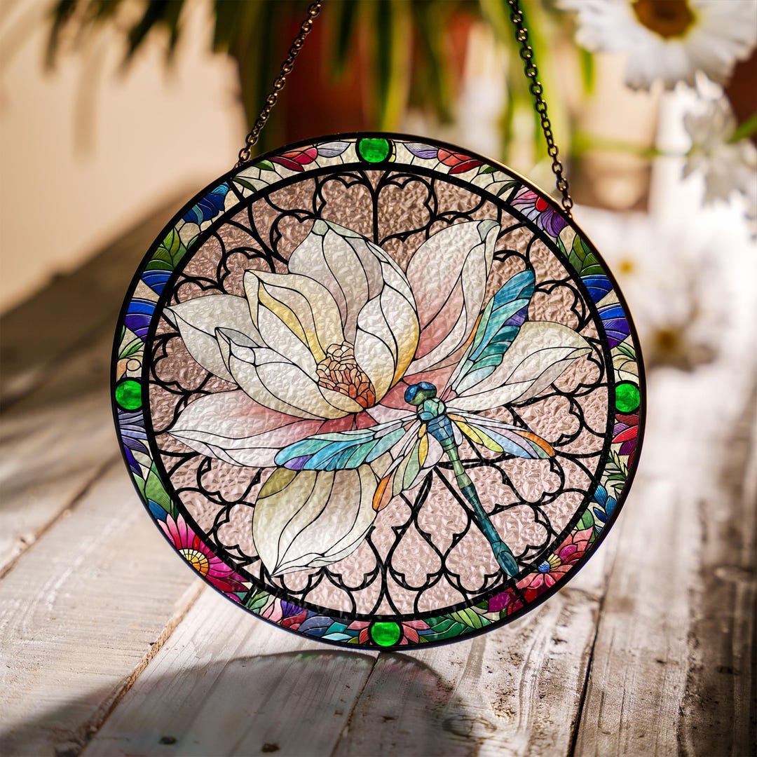 Stained Glass Dragonfly Lotus Suncatcher, Mosaic Flower Window Hanging ...