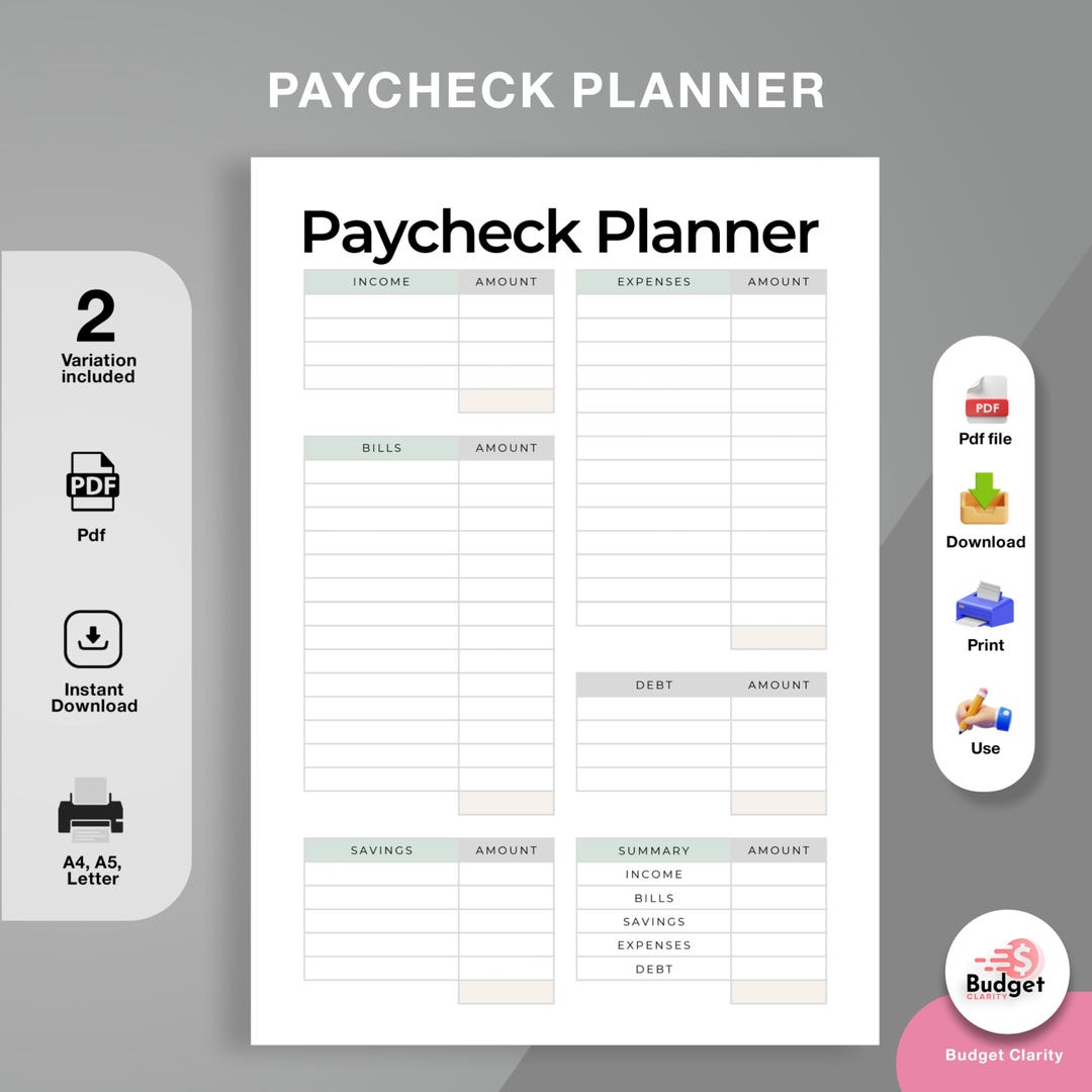 Paycheck Budget Planner, Finance Organizer, Expense Tracker (PDF ...