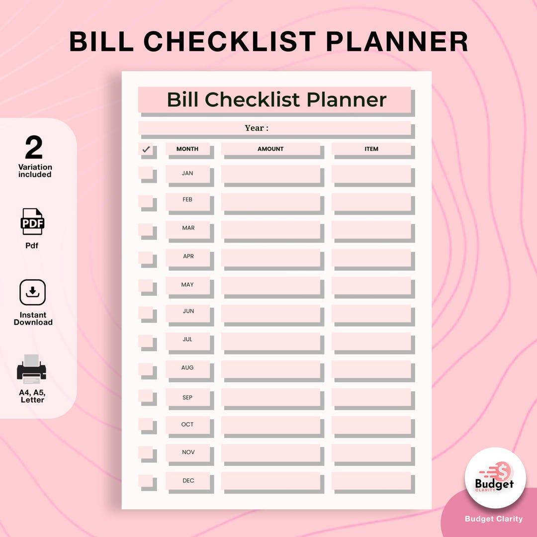 Bill Checklist Planner, Monthly Payment Tracker, Budget Worksheet (PDF ...