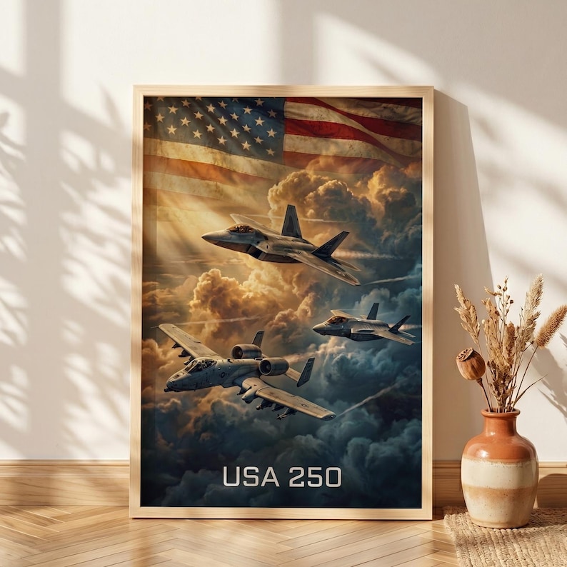 USA 250 Fighter Jets With American Flag Poster, Patriotic Military Wall ...