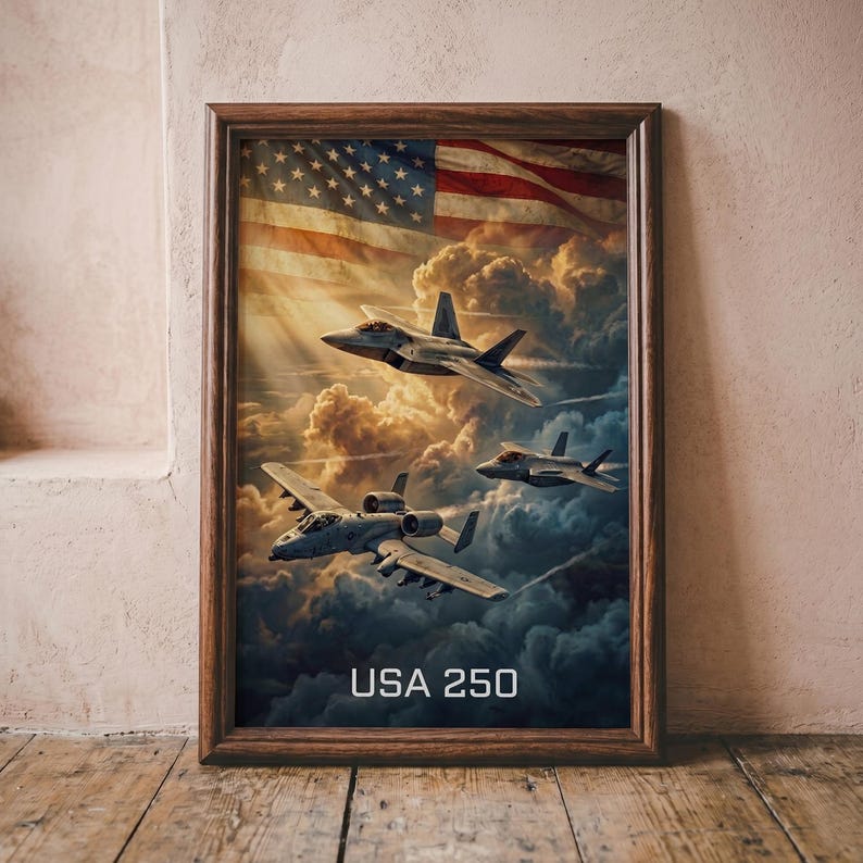 USA 250 Fighter Jets With American Flag Poster, Patriotic Military Wall ...