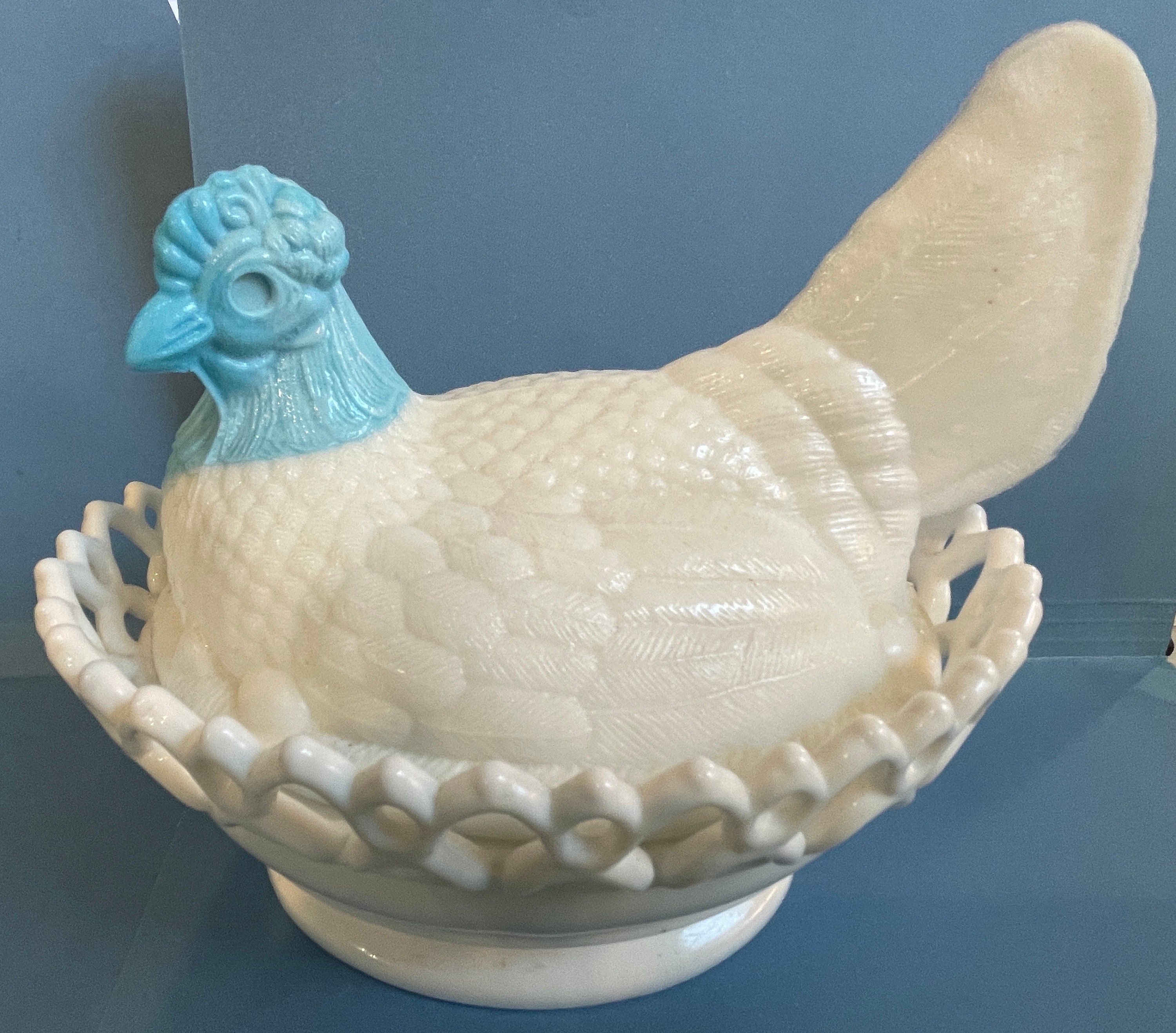 Atterbury Glass Large Hen on Fancy Nest, Milk Glass, Blue Head, 1880s ...