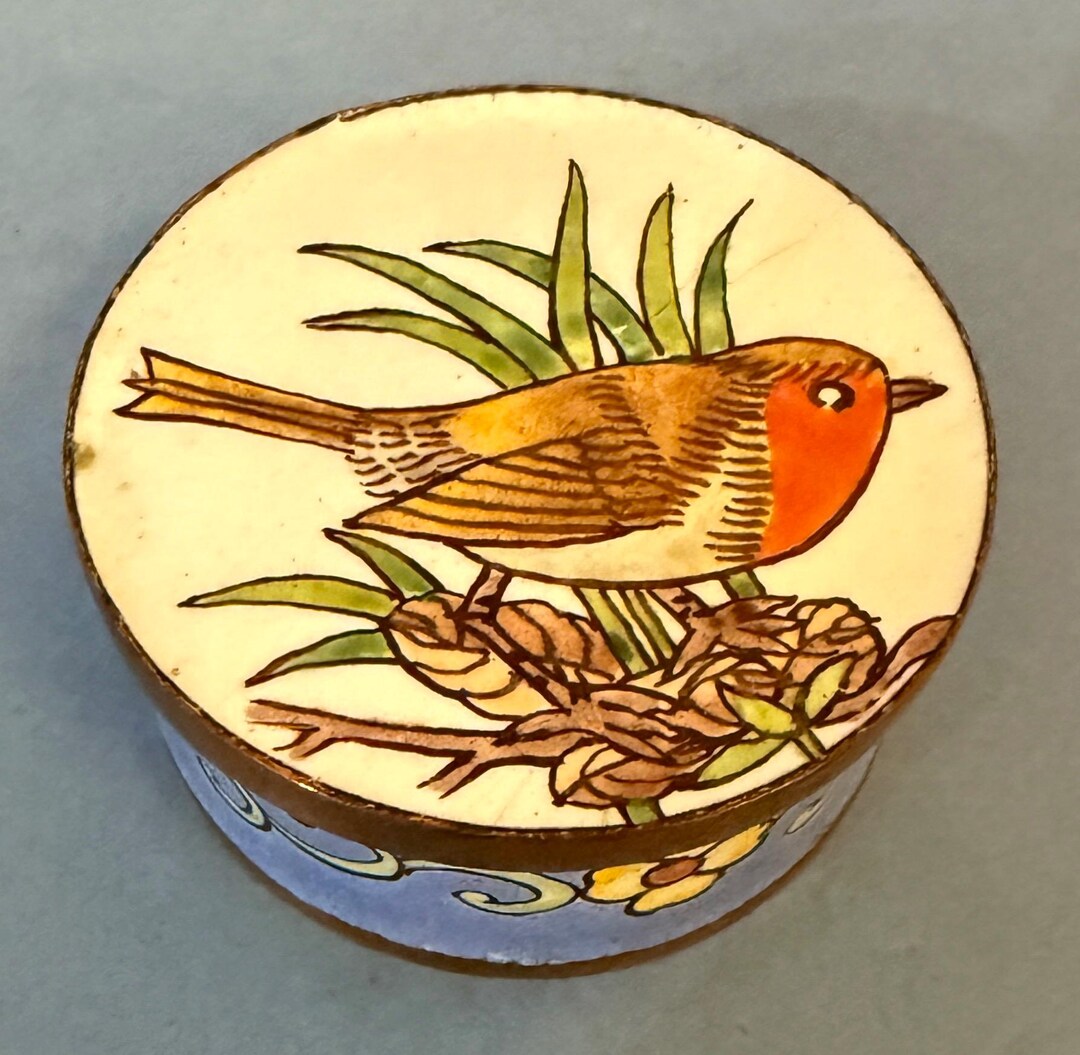 Pretty Vintage Enamel Trinket Box, Bird, Enamel on Copper, Original ...