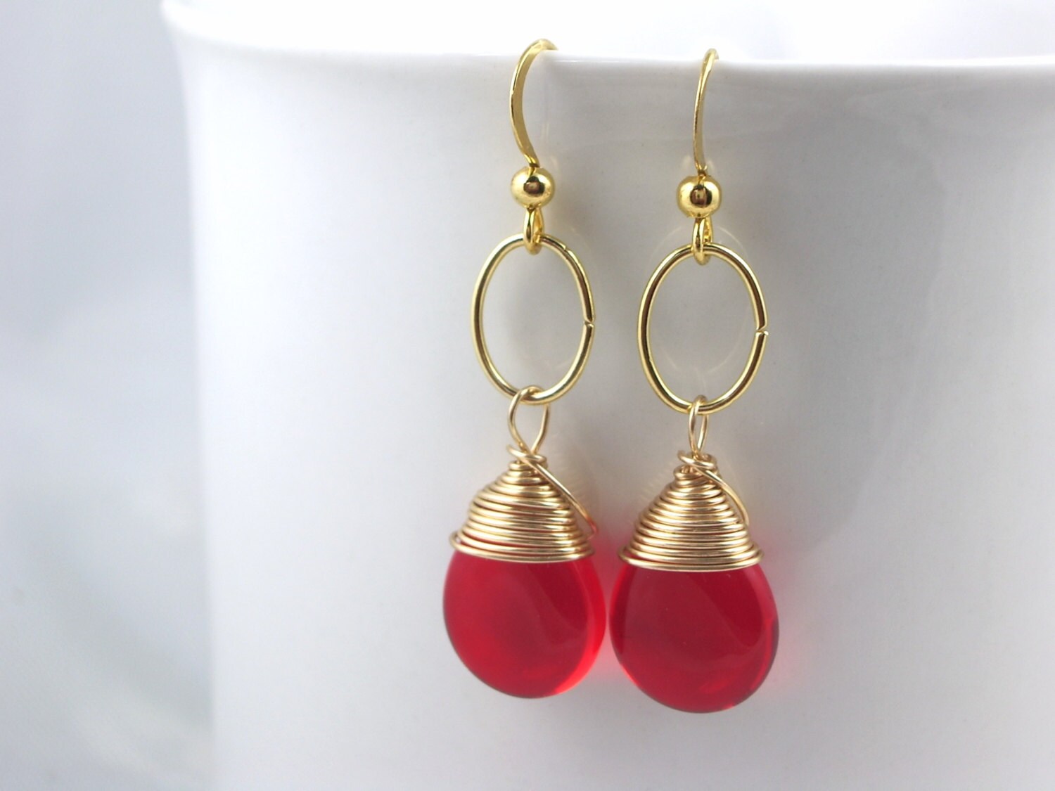 Long red dangle earrings gold wire wrapped earrings glass | Etsy
