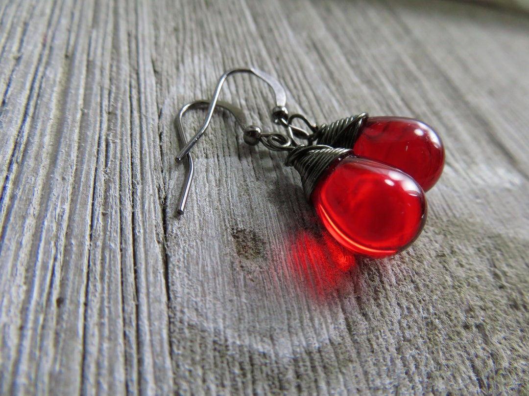 Tiny Red Drop Earrings - Smooth Glass Teardrops - Choice of Glass Bead ...
