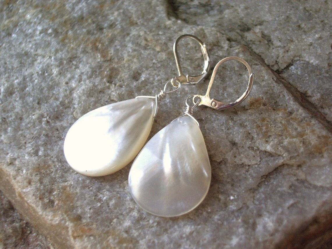 White Pearl Earrings With Sterling Lever Back Ear Wires - Mother of ...