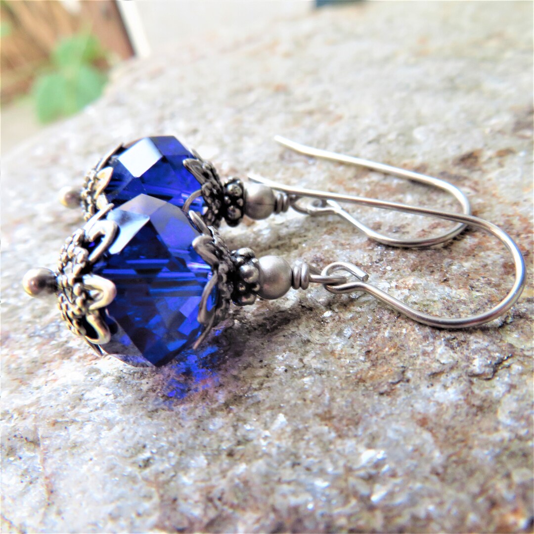 Blue Victorian Style Earrings - Small Vintage Style Drop Faceted Glass ...