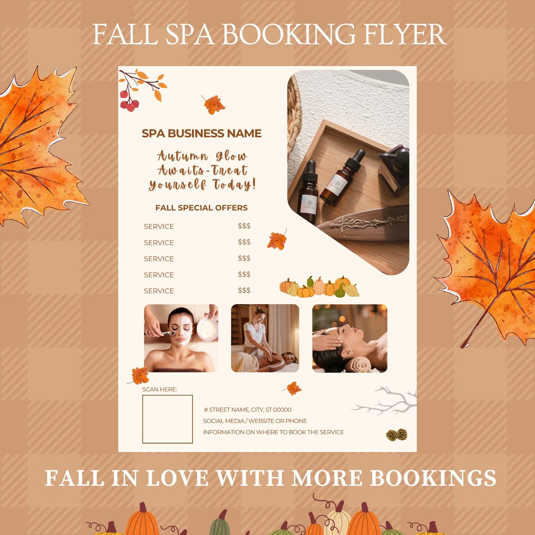 Fall Spa Booking Flyer Template, November Spa Flyer, Massage & Facial ...