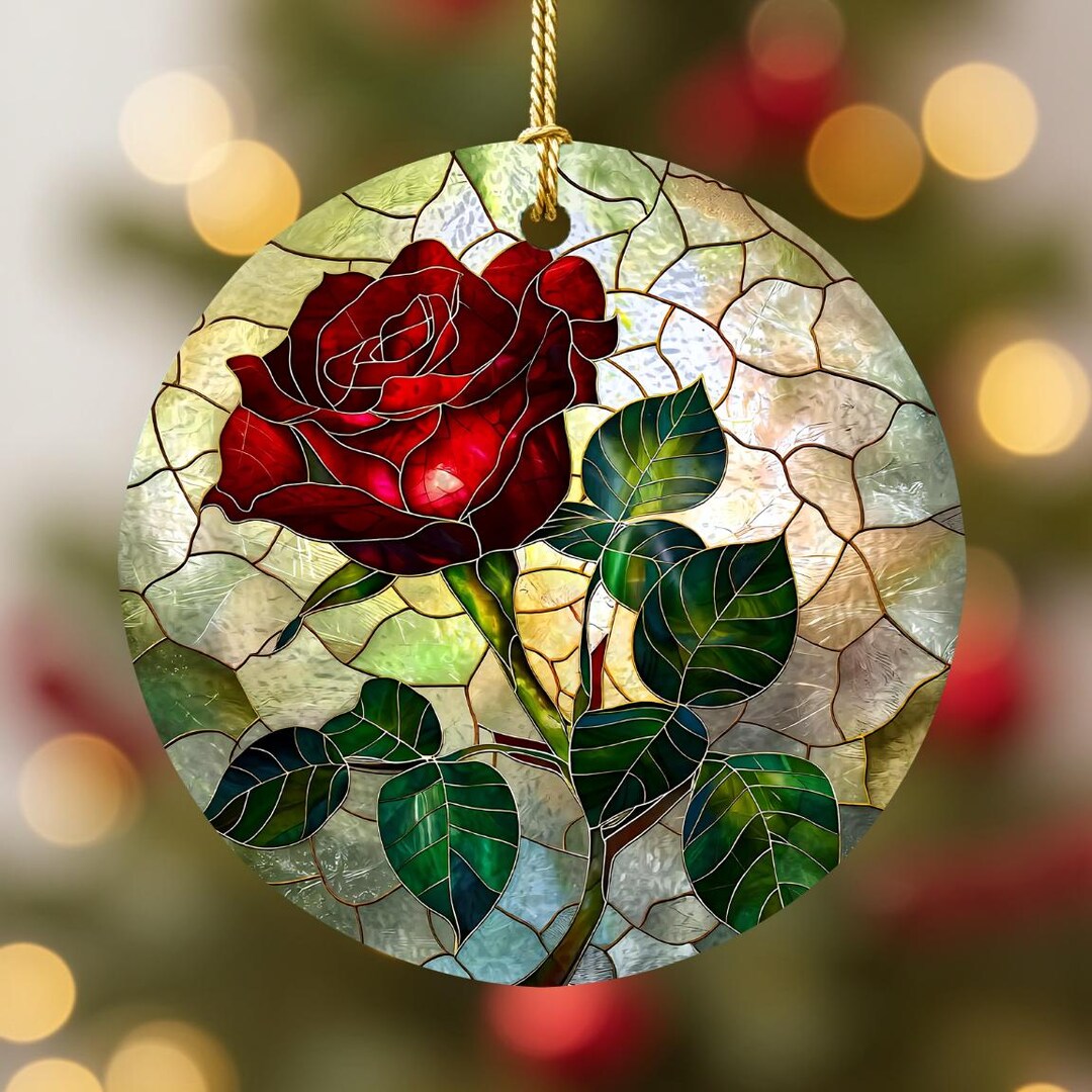Red Rose Stained Glass Suncatcher, Round Hanging Window Ornament ...