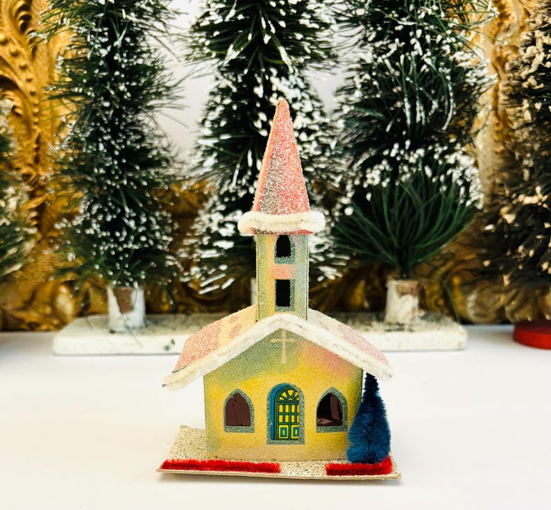 Vintage Watercolor Chenille Putz Church Mica Cardboard House - Etsy