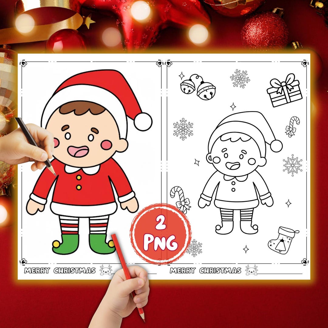 Christmas Elf Coloring Pages: Kids' Holiday Activity (2 PNG Instant ...