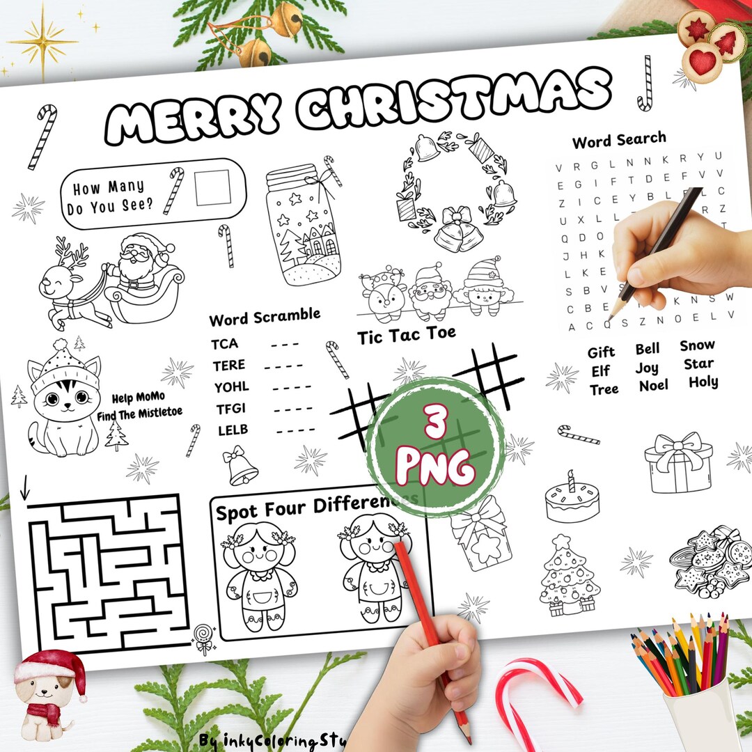 Christmas Activity Placemat for Kids: Printable Holiday Games (PNG) - Etsy