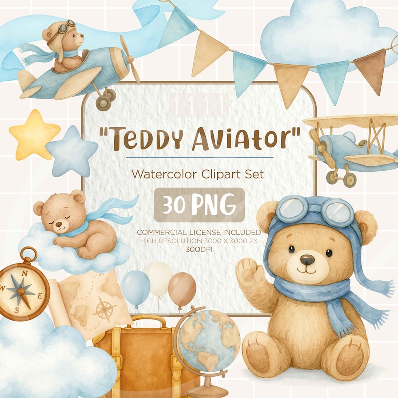 Teddy Aviator Watercolor Clipart | Cute Bear Pilot, Airplane, Clouds ...