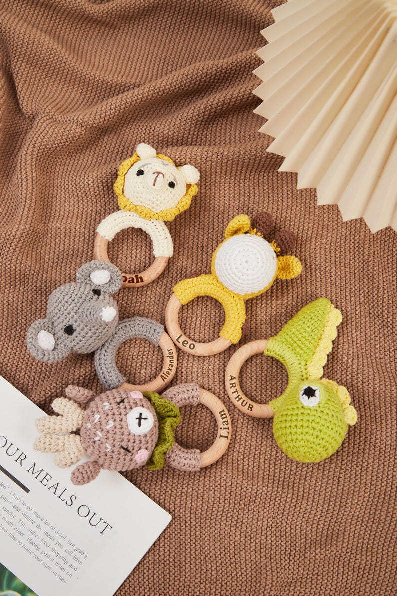 Custom Crochet Baby Rattle With Wooden Teether, Engraved Ring for ...