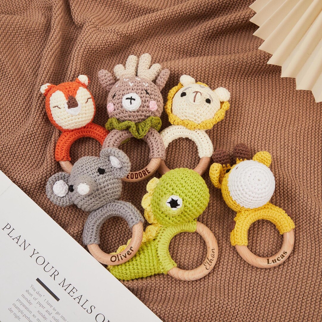 Custom Crochet Baby Rattle With Wooden Teether, Engraved Ring for ...