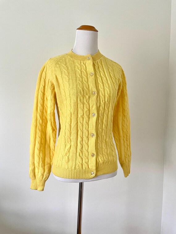 Vintage Lemon Yellow Cable Knit Wool Cardigan - 70s /… - Gem