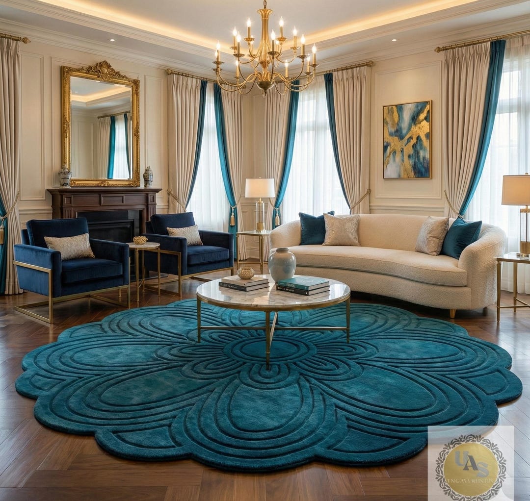 Luxury Teal Scalloped Area Rug – Handmade Plush Wool Carpet, Modern ...