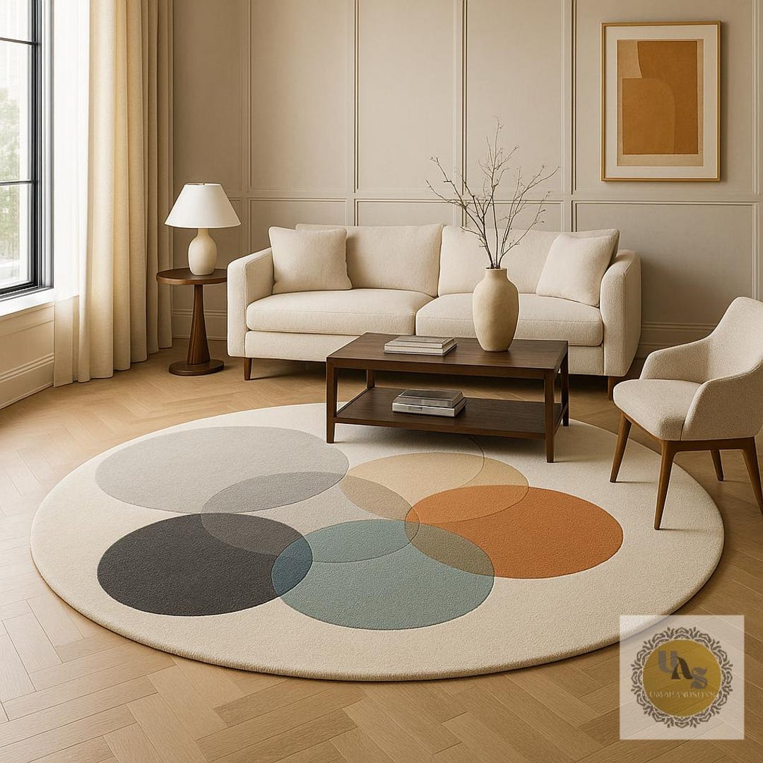 Modern Round Overlapping Circles Rug, Hand-tufted Wool Carpet in Beige ...