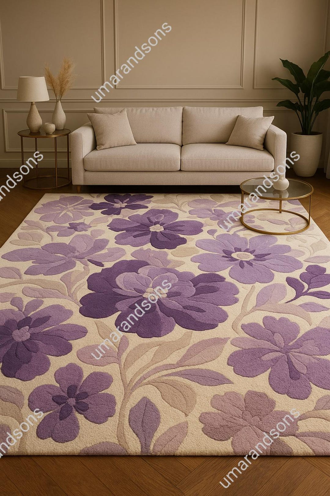 Purple Floral Area Rug | Hand-tufted Beige & Lavender Carpet | Elegant ...