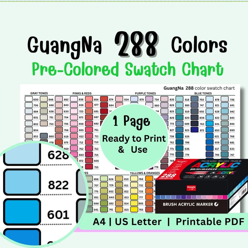 Guangna 288 Pre-colored Swatch Chart Printable Acrylic Marker Color ...