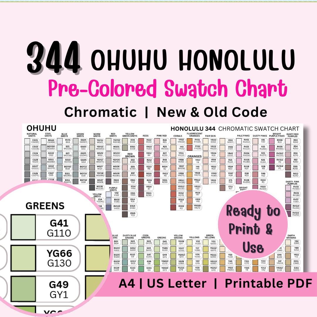 344 Ohuhu Honolulu Pre-colored Swatch Chart Printable | Chromatic Color ...