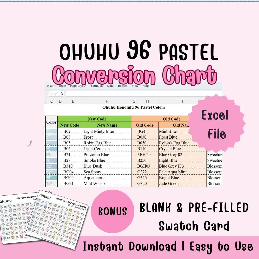 Ohuhu Marker Conversion Chart + Swatch Cards| 96 Pastel | Excel ...