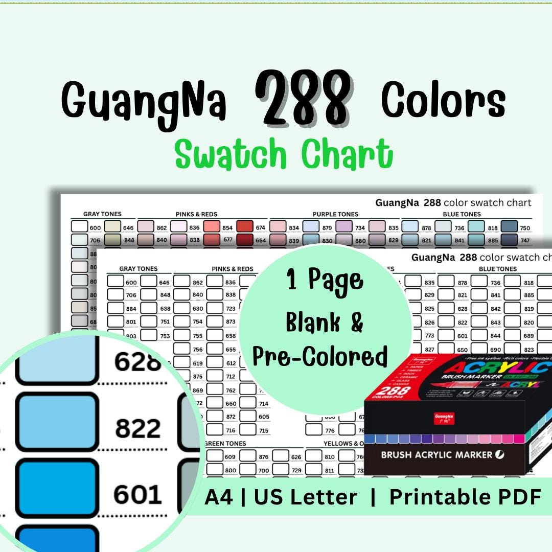 Guangna 288 Marker Swatch Chart PDF – 1 Page Color Chart Printable ...