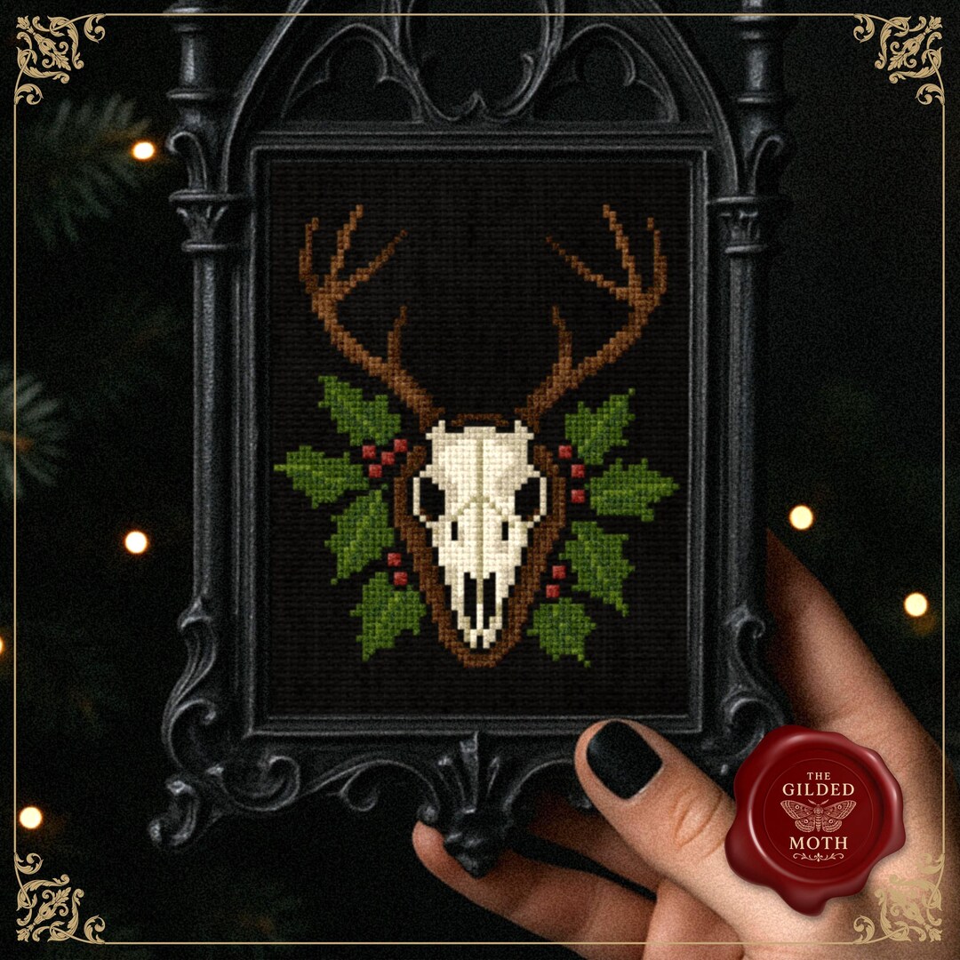Gothic Reindeer Skull Cross Stitch Pattern • Dark Christmas Deer Skull ...