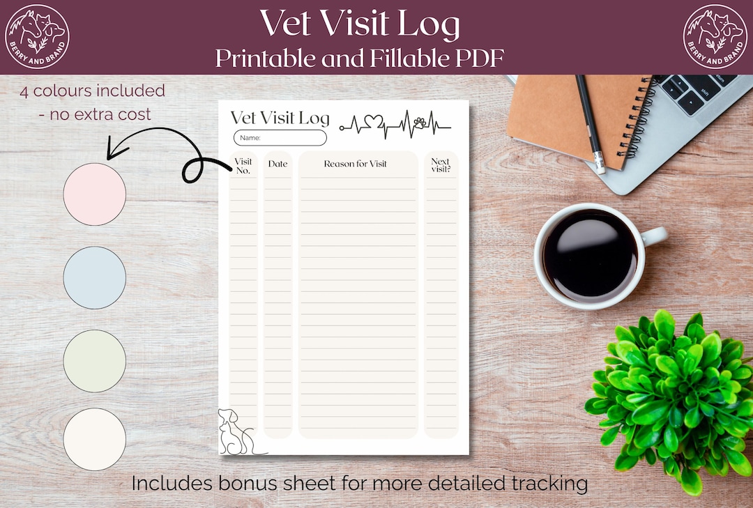 Pet Vet Visit Log PDF - Printable and Fillable Pet Health Record for ...