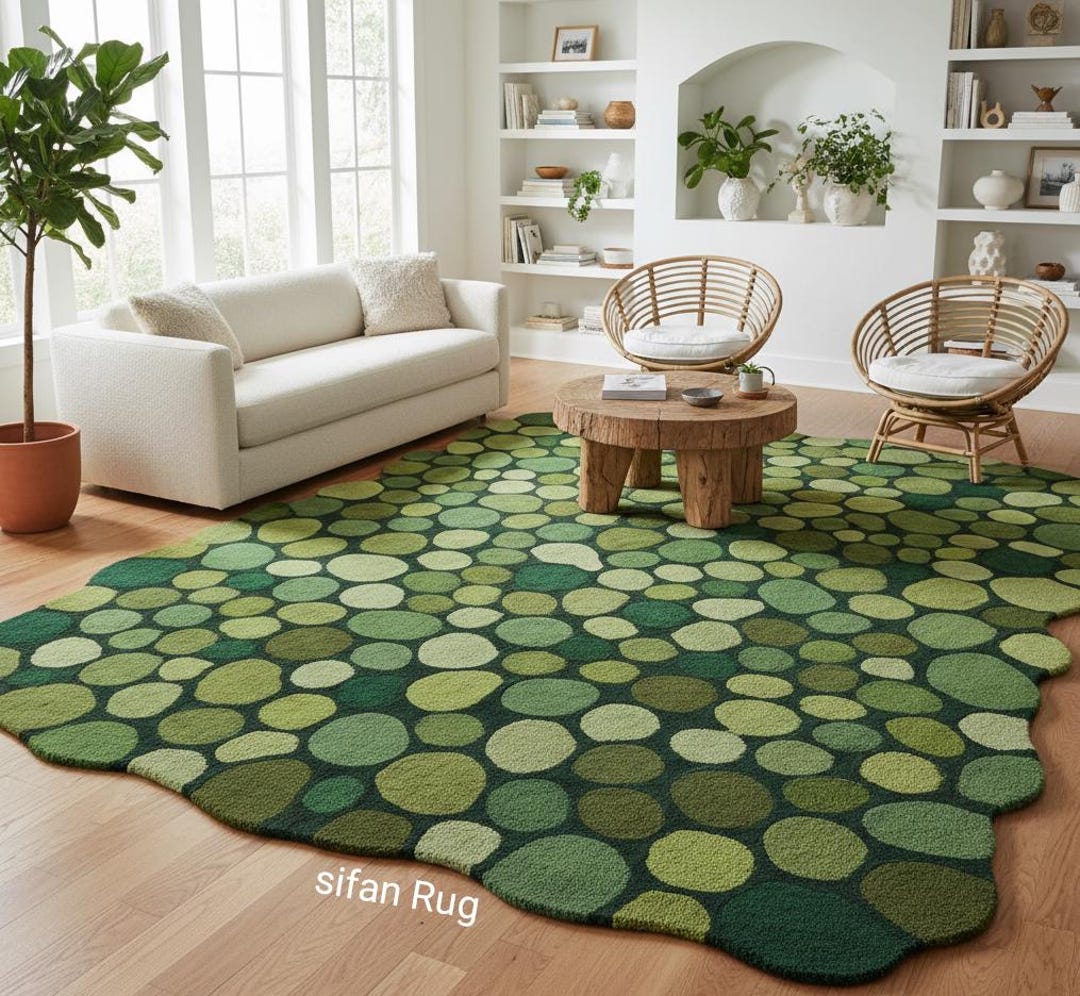 Gifts Moss Green Pebble Rug Irregular Shape Area Rug Organic Circle ...