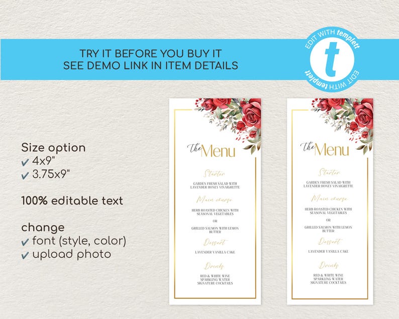 Editable Red Roses Wedding Menu Card Template| Floral Menu | Romantic ...