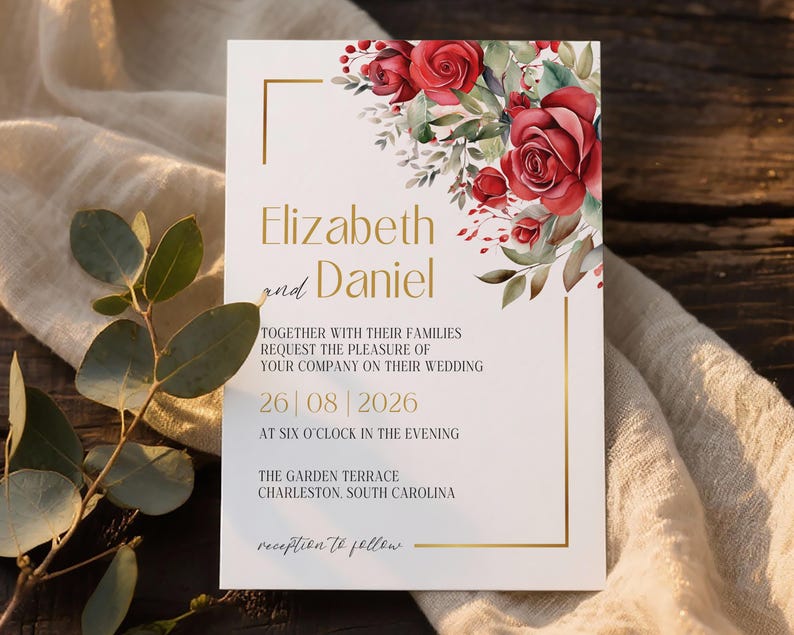 Editable Red Roses Wedding Invitation Template | Romantic Classic ...