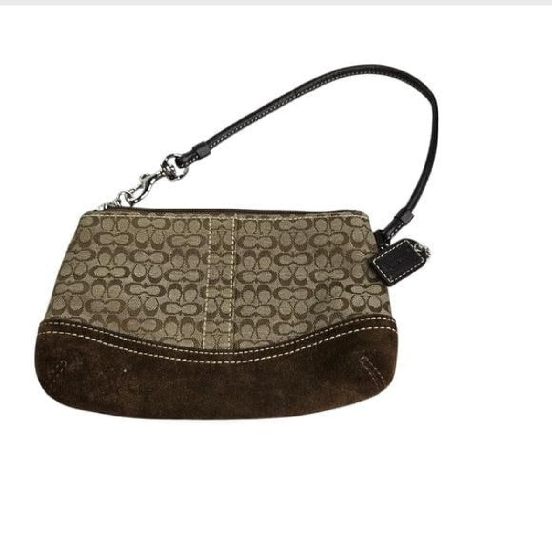 Vtg Coach Brown Suede Fabric Logo Leather Wristlet Vintage Y2k Small ...