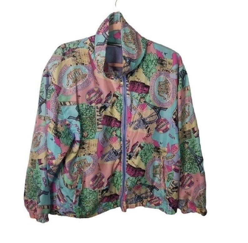 Mureli Vtg 80s Silk Bomber Travel Map Jacket, Vintage 1980s Colorful ...